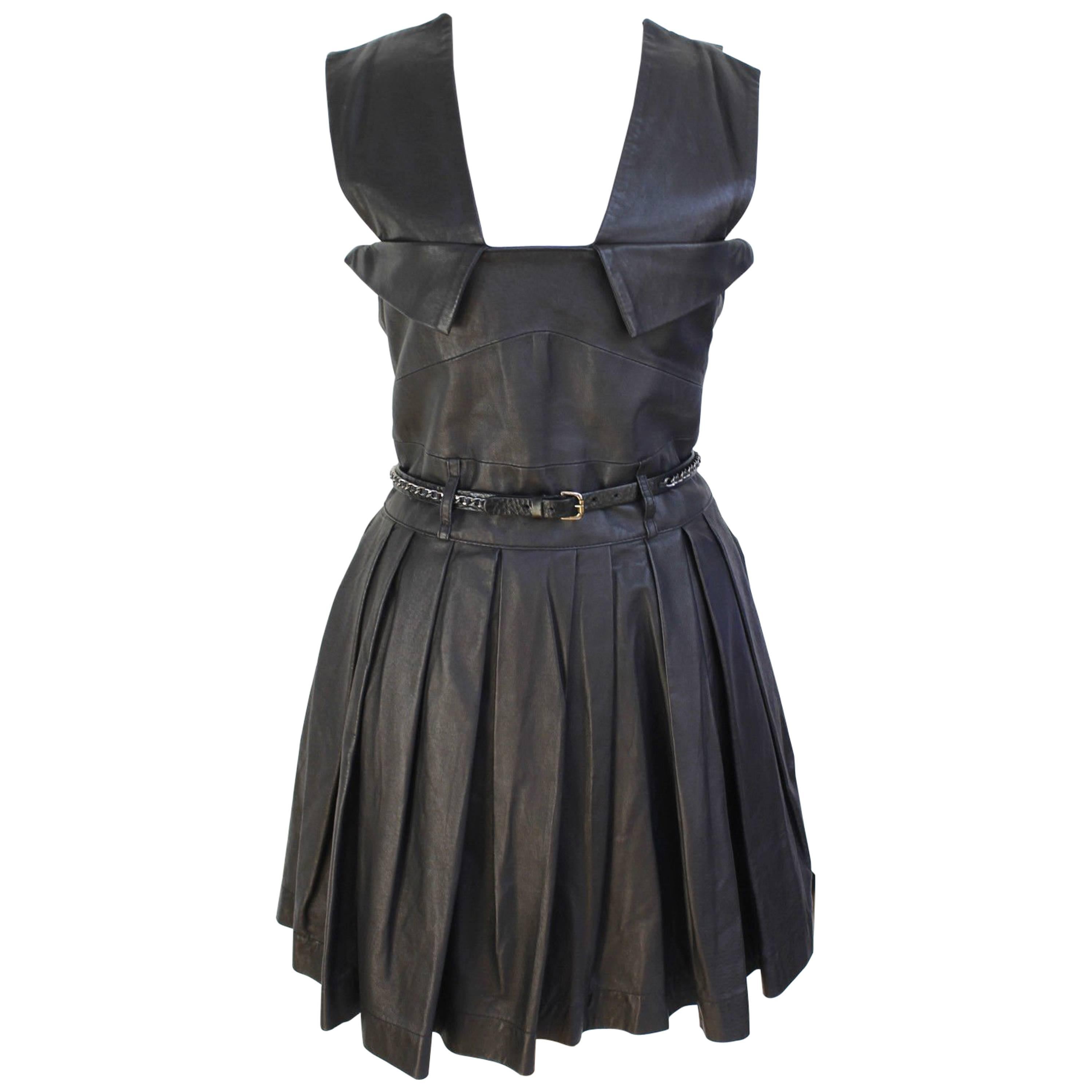 New £1190 Preen Line Simone black pleated leather dress M For Sale at ...