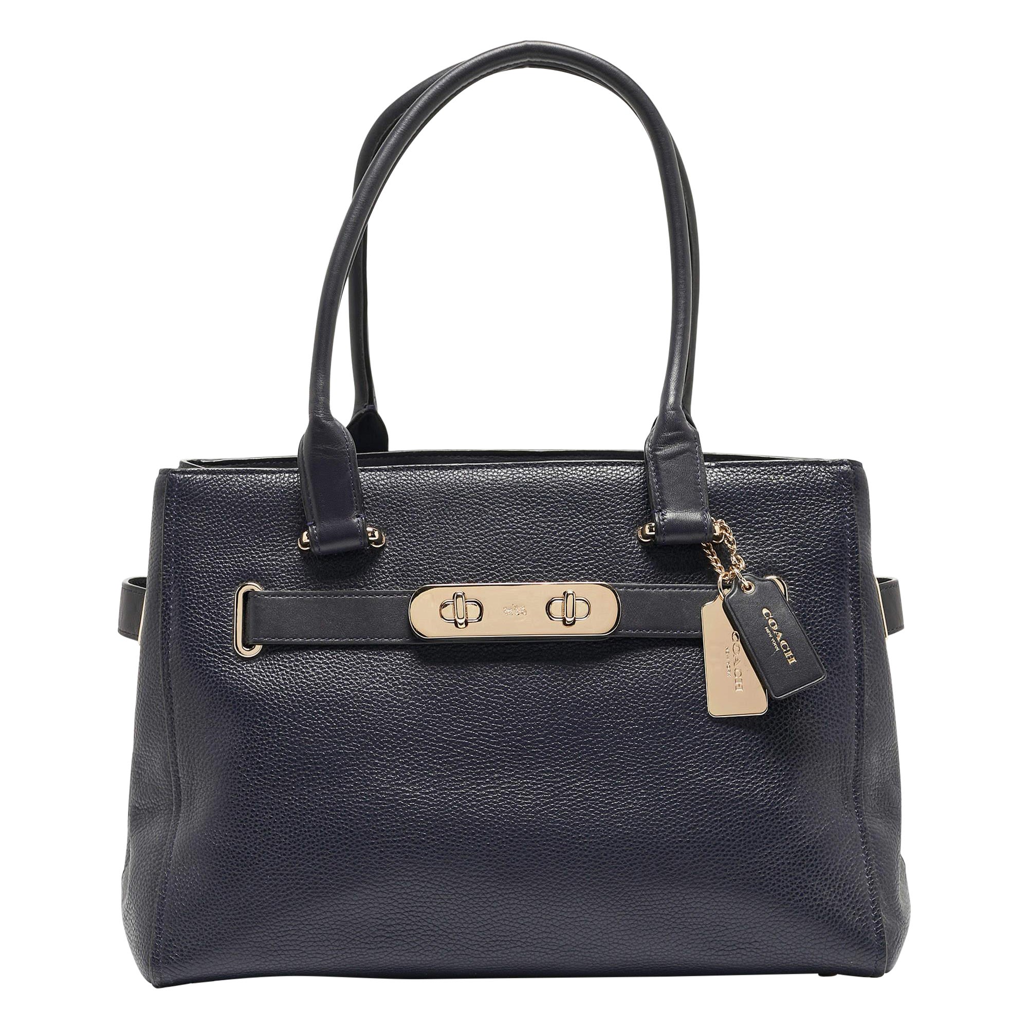 Coach Navy Blue Leather Swagger 33 Tote For Sale at 1stDibs
