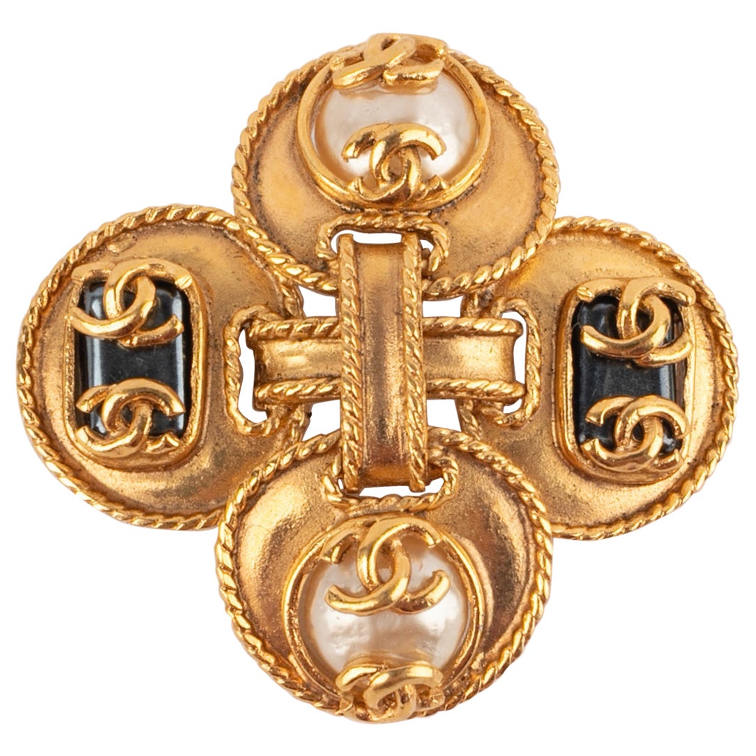 Chanel Cross Brooch with Costume Pearly Cabochons, 1995 For Sale at 1stDibs