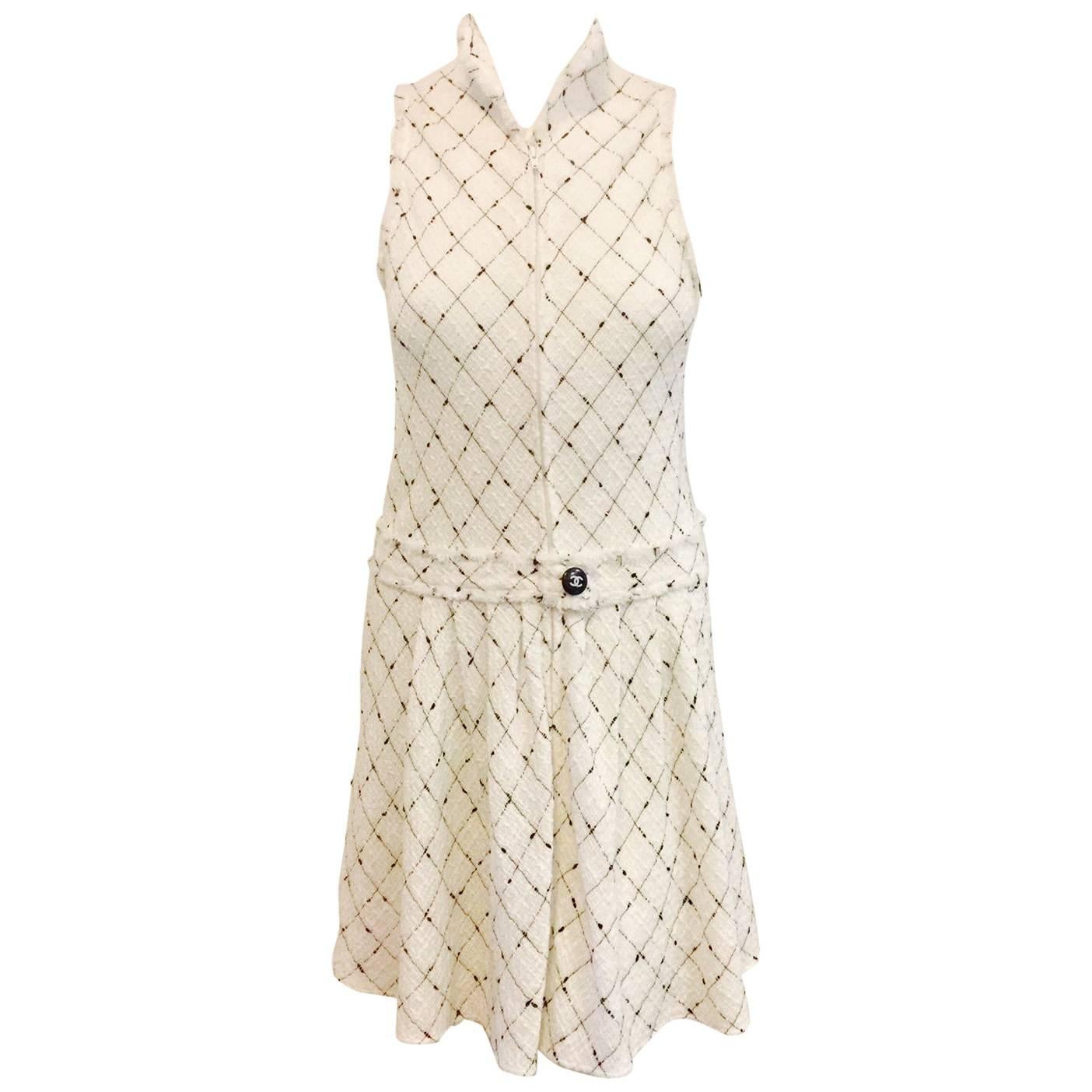 Chanel Spring White Cotton Tweed Sleeveless Dress W Black Diamond ...