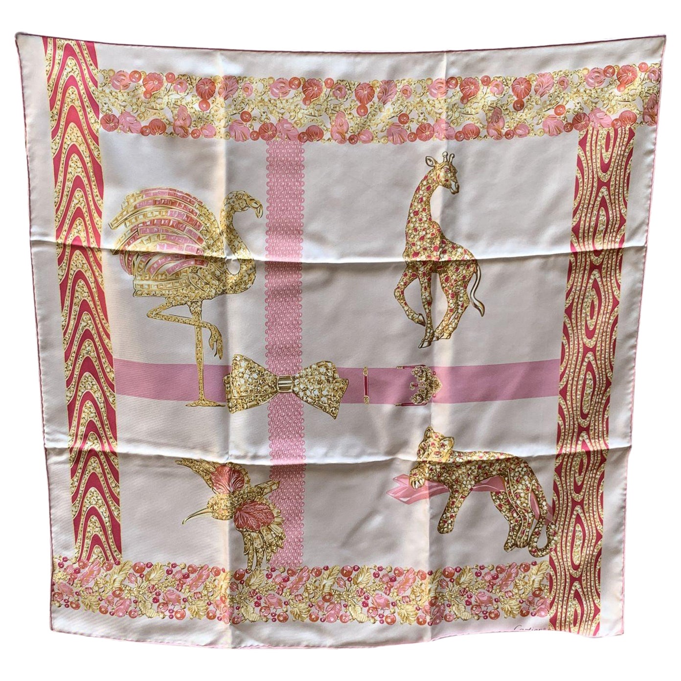 Cartier White and Pink Silk Scarf Animal Pattern For Sale at 1stDibs