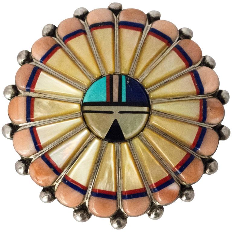 60s Sterling Silver Zuni Brooch Pendant For Sale at 1stDibs