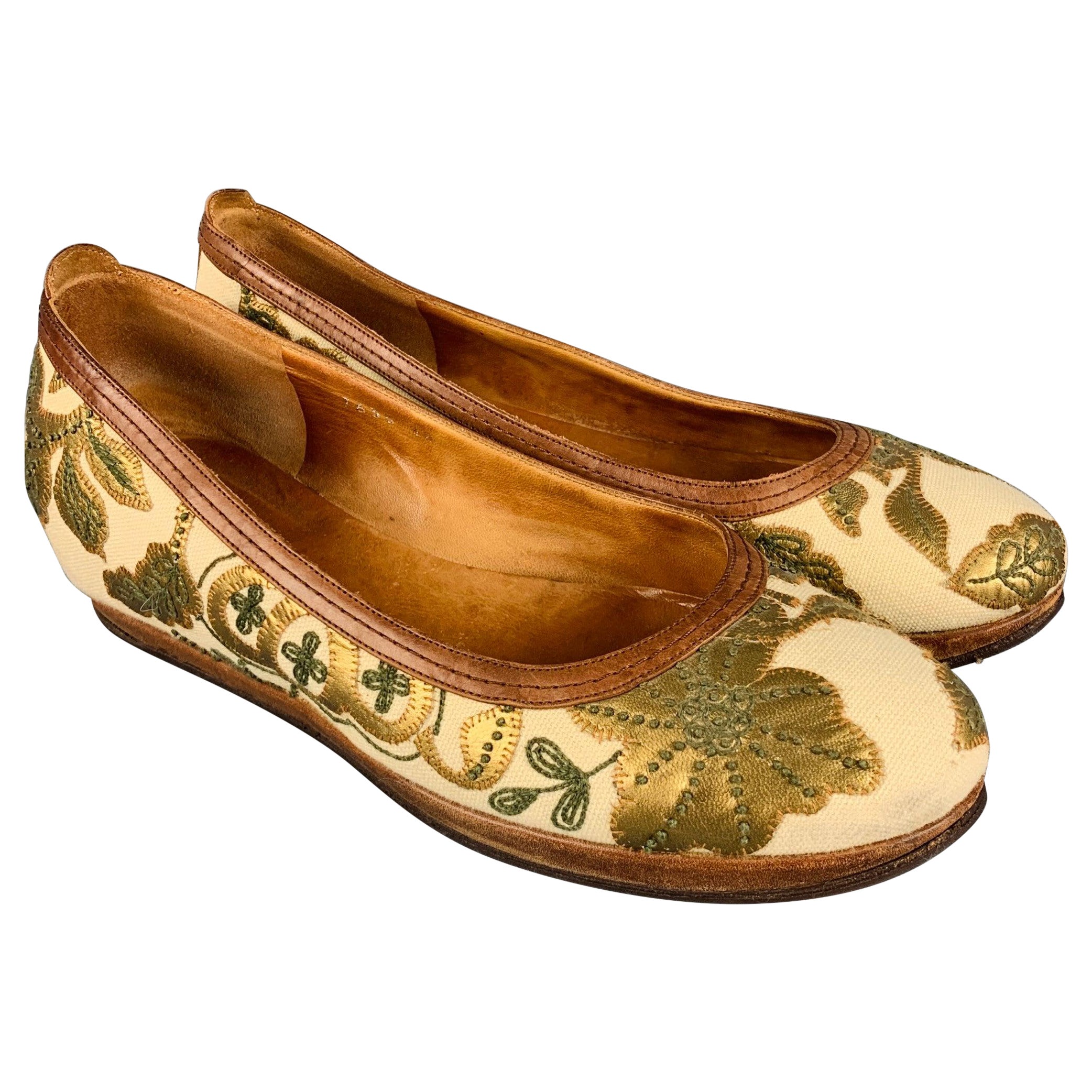 DRIES VAN NOTEN Size 7.5 Cream Gold Fabric Embroidered Leaves Wedge ...