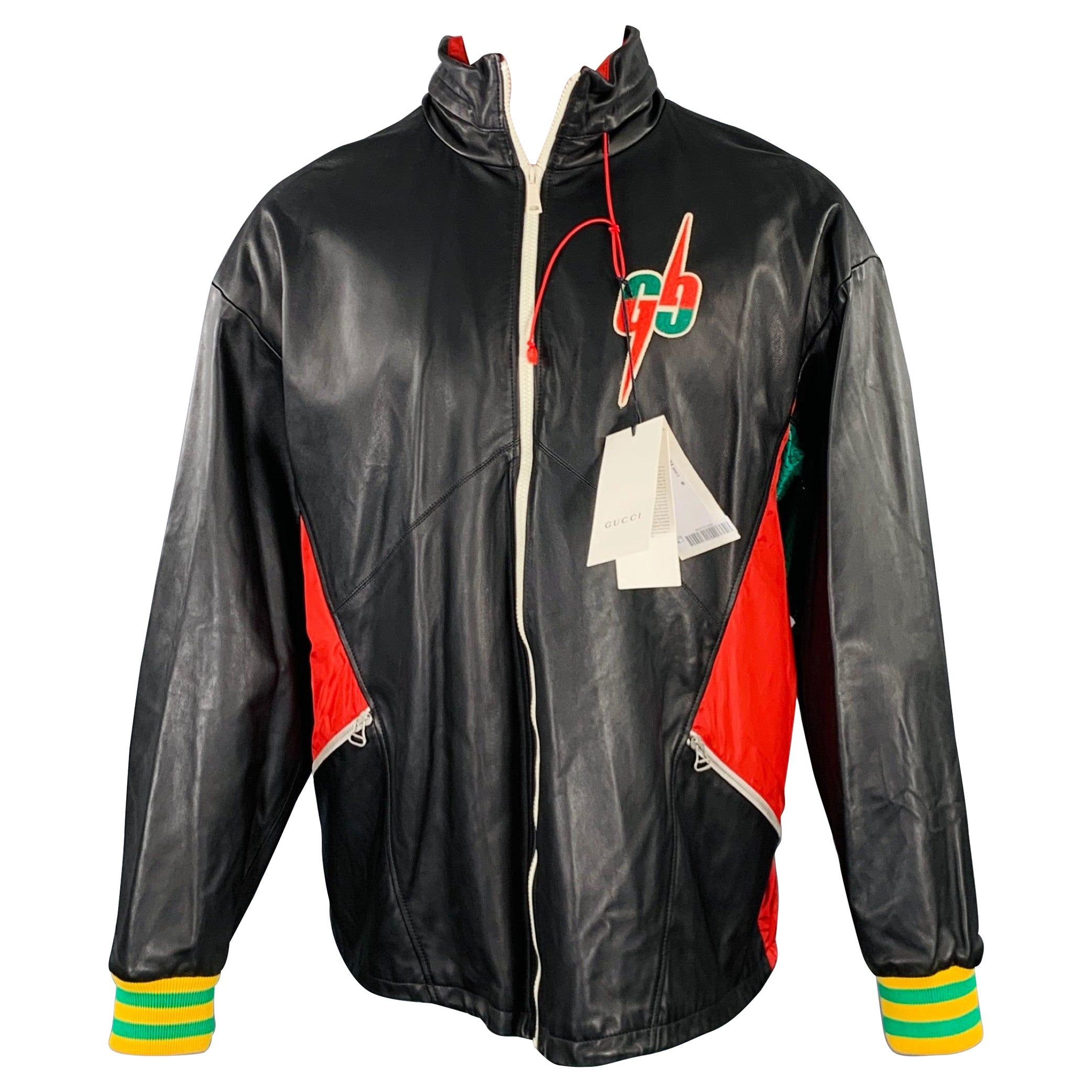 GUCCI Size 36 Black Red Color Block Lambskin Leather Varsity Jacket For ...