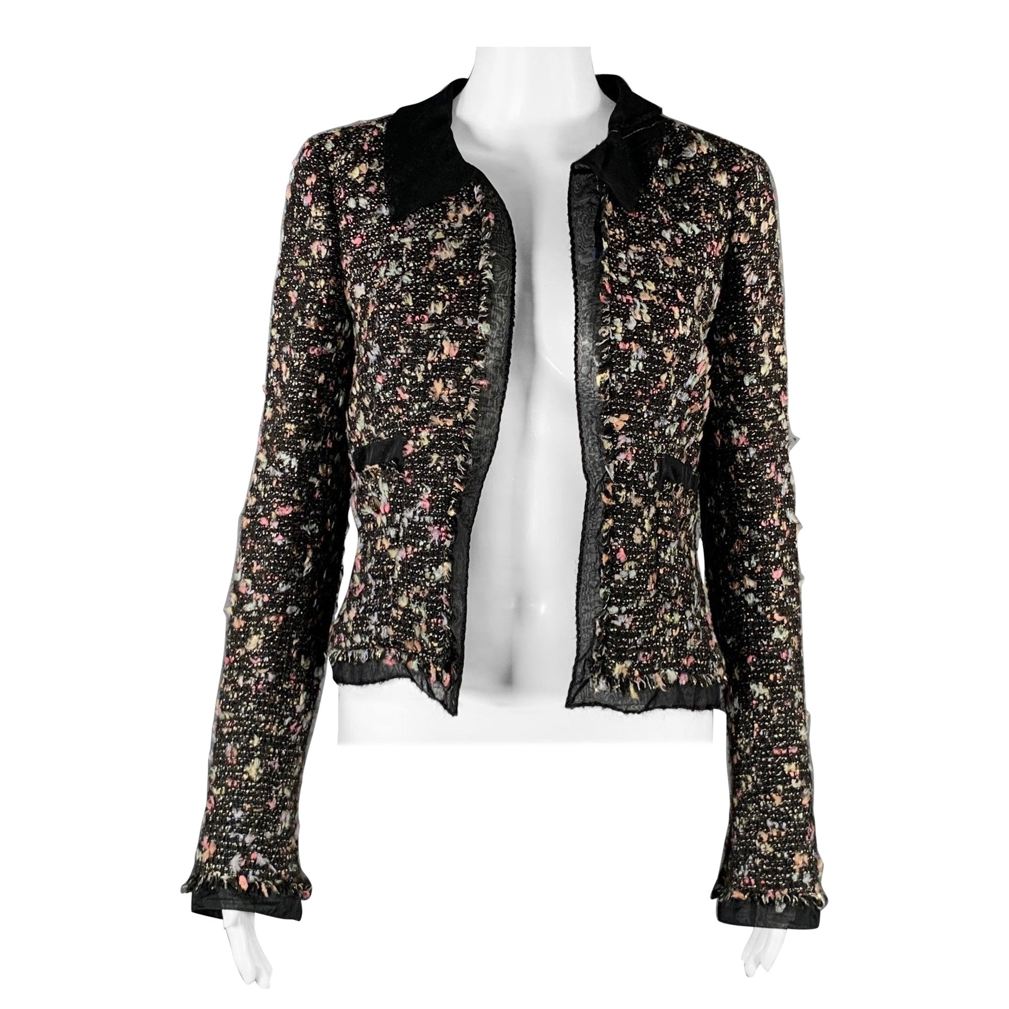 CHANEL Size 4 Black Multi-Color Wool Blend Open Front Jacket For Sale ...