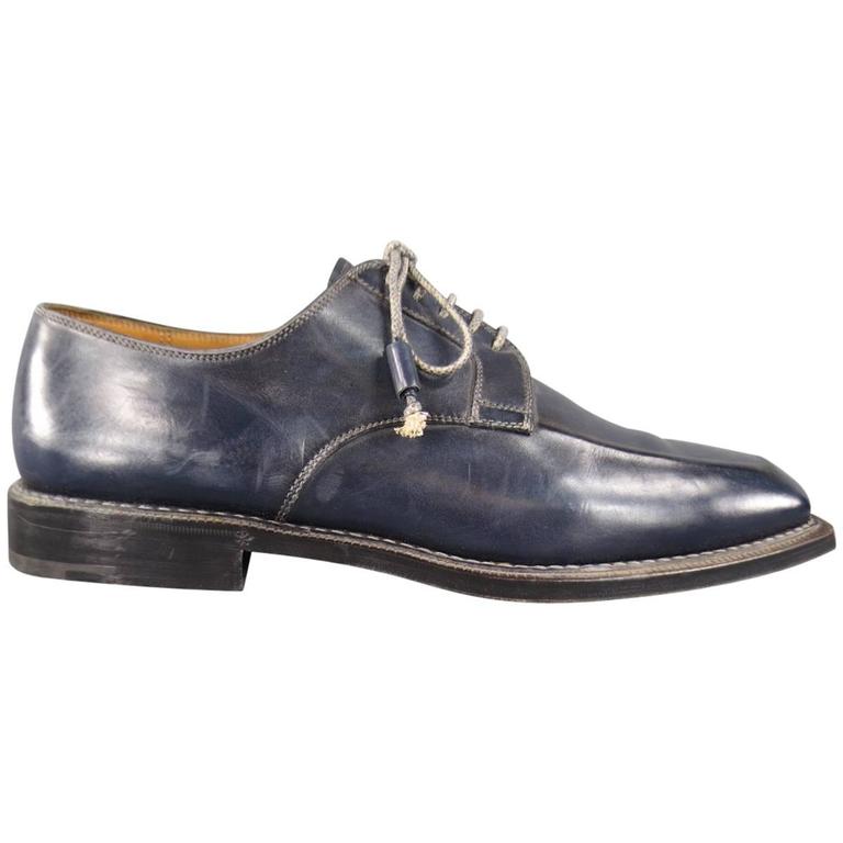 Men's STEFANOBI Size 12 Navy Leather Square Toe Lace Up Dress Shoes at ...