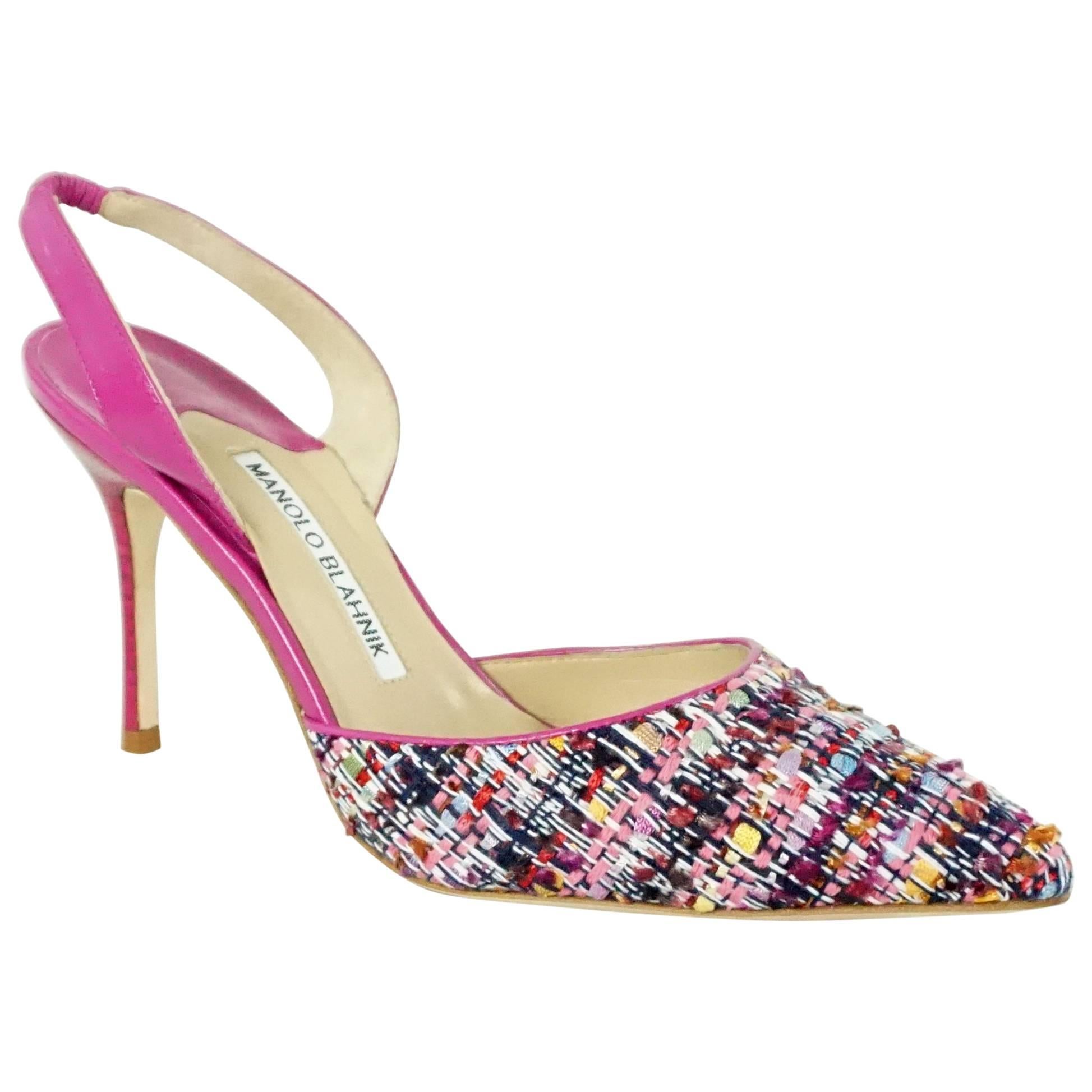 New Manolo Blahnik Multi Tweed and Pink Heels - 36.5 at 1stDibs | pink ...