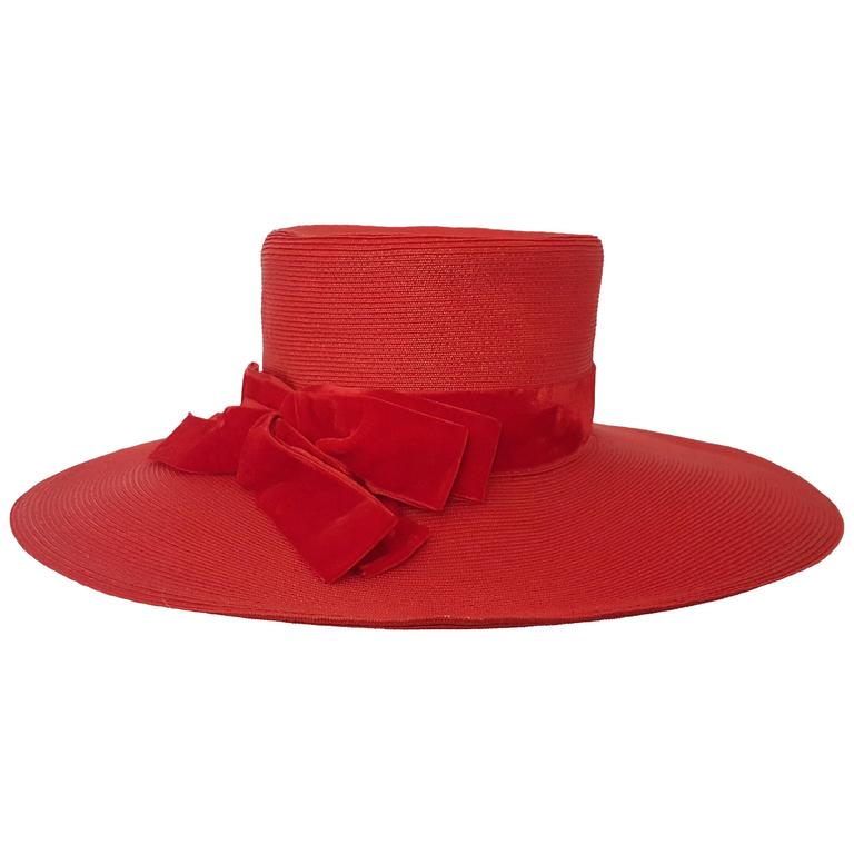60s Red Sun Hat w/ Velvet Bow at 1stDibs | red sunhat