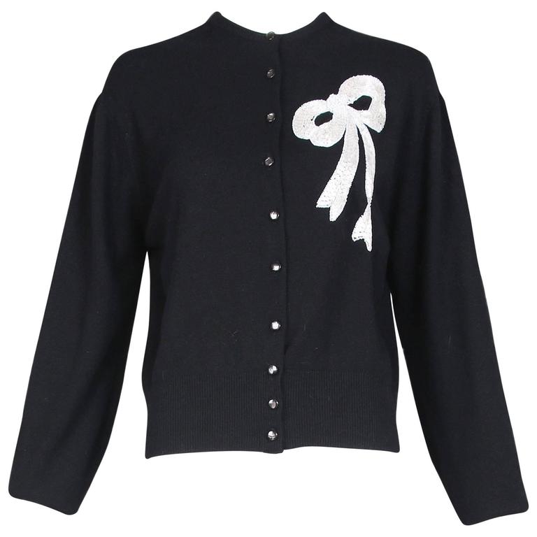 Vintage Schiaparelli Black Cashmere Cardigan Sweater W/Beaded Bow at ...
