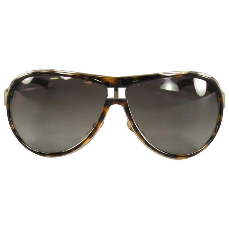 GUCCI Brown Tortoise Shell and Gold Tone Metal Aviator Sunglasses at ...