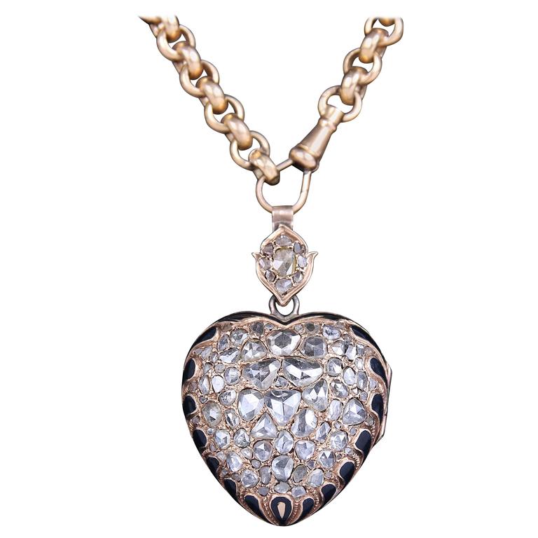 Victorian 14k Rose Cut Diamond and Enamel Flaming Heart Motif Locket w ...