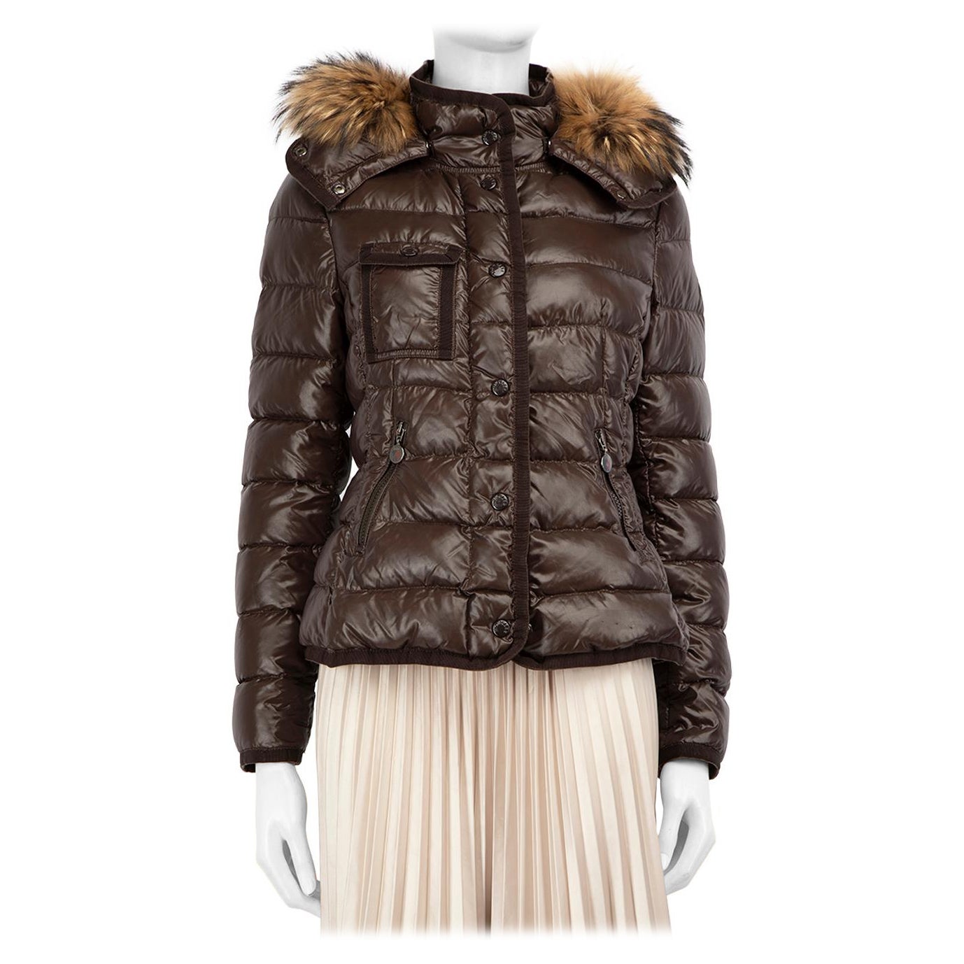 Moncler Brown Raccoon Fur Trim Puffer Jacket Size M For Sale at 1stDibs