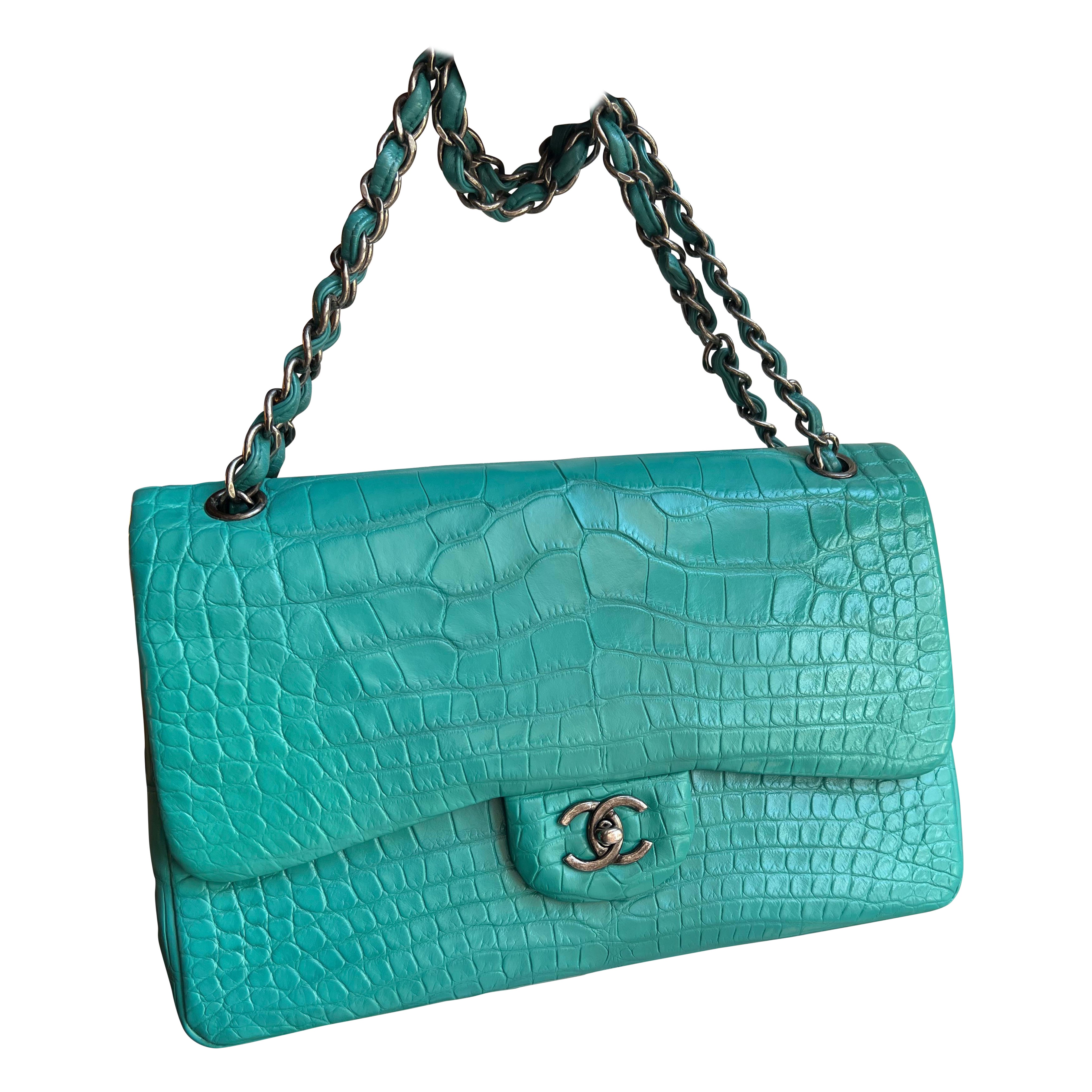 Chanel Turquoise Alligator Jumbo Double Flap Bag For Sale at 1stDibs