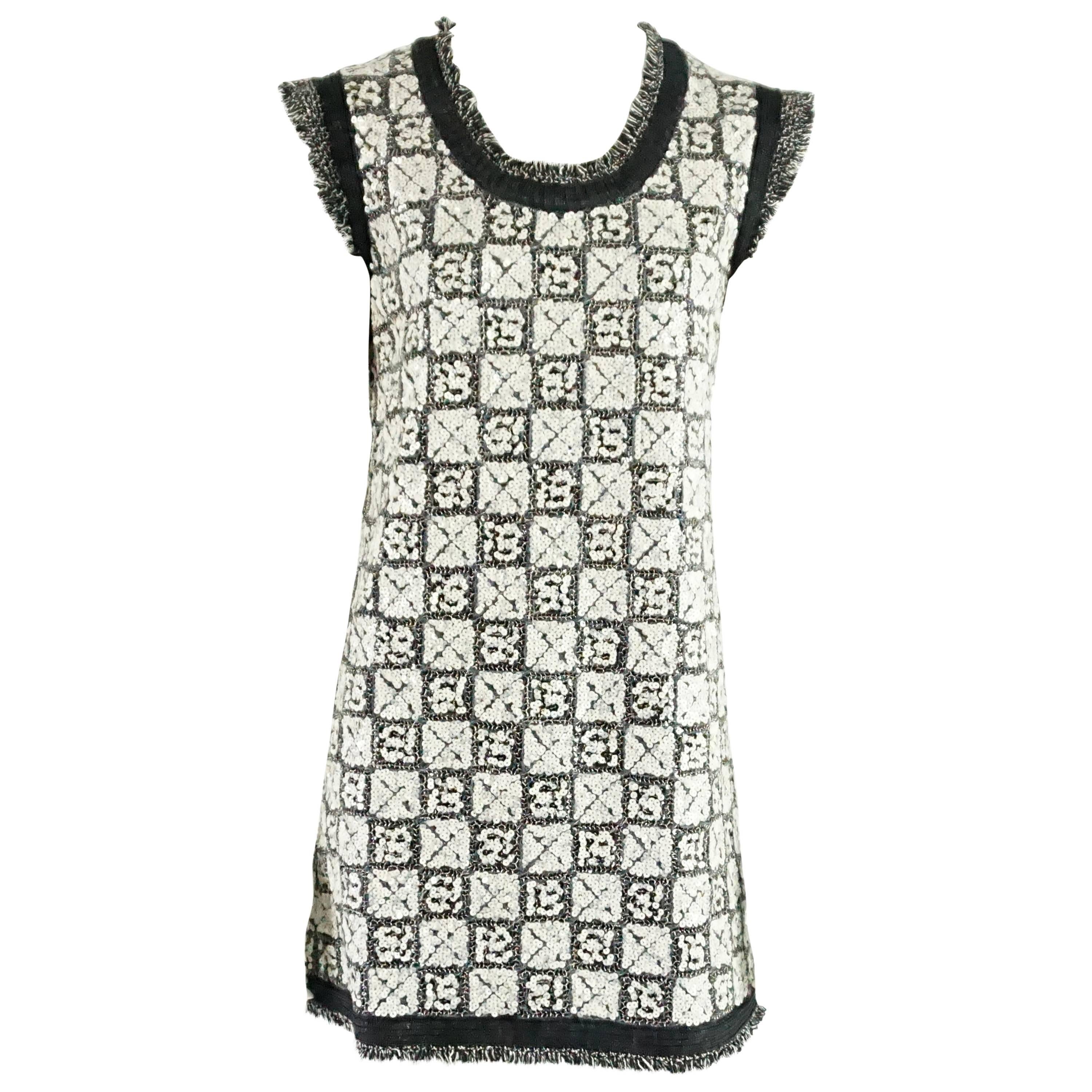 Chanel Black Knit Dress with White Sequin Checker Print - 38 at 1stDibs