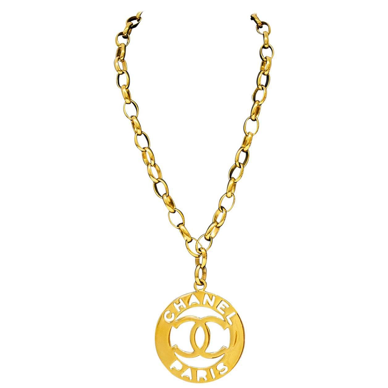 1980's Chanel Large Logo Pendant and Chain Link Necklace at 1stDibs