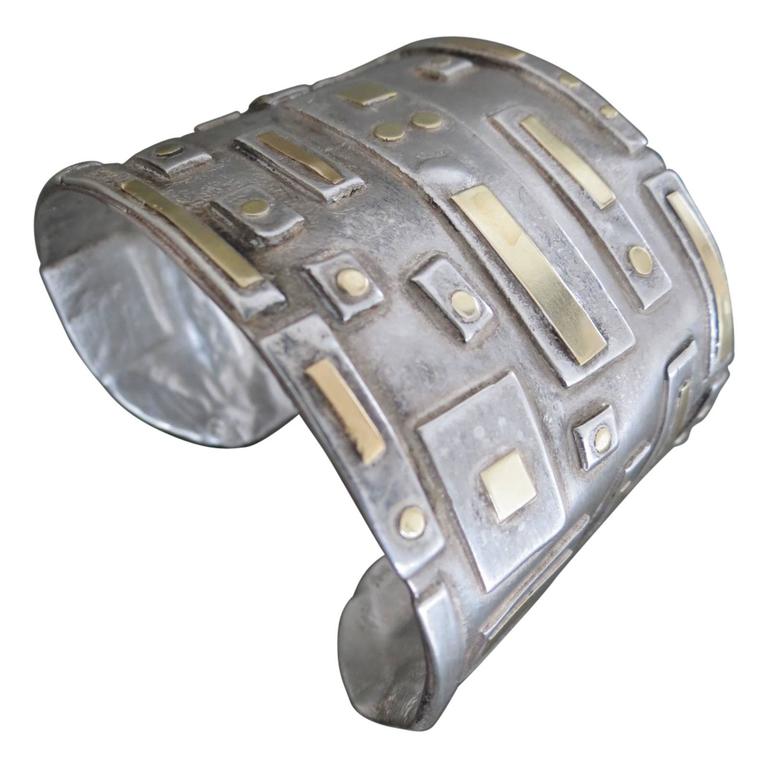 Vintage Modernist Silver Cuff Bangle Bracelet For Sale at 1stDibs
