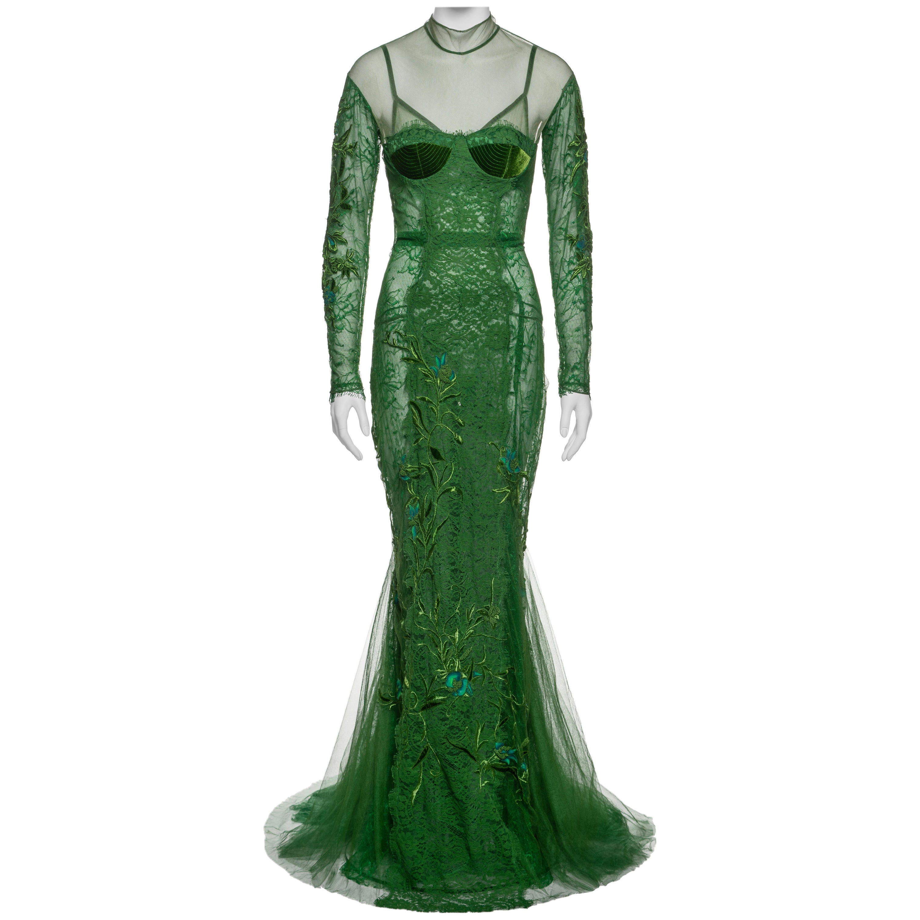 Tom Ford Green Lace and Mesh Evening Dress with Built-In Bra and Train ...