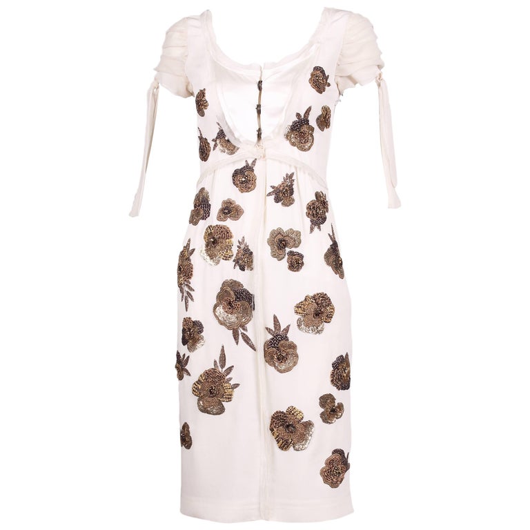 Dice Kayek White Silk Dress w/Floral Beaded Design at 1stDibs
