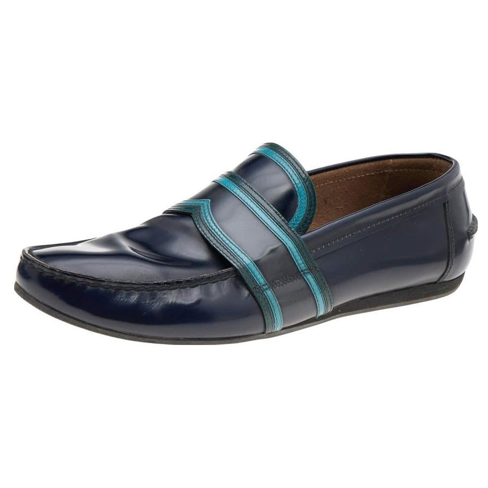 Prada Dark Blue Leather Penny Sip On Loafers Size 43.5 For Sale at 1stDibs