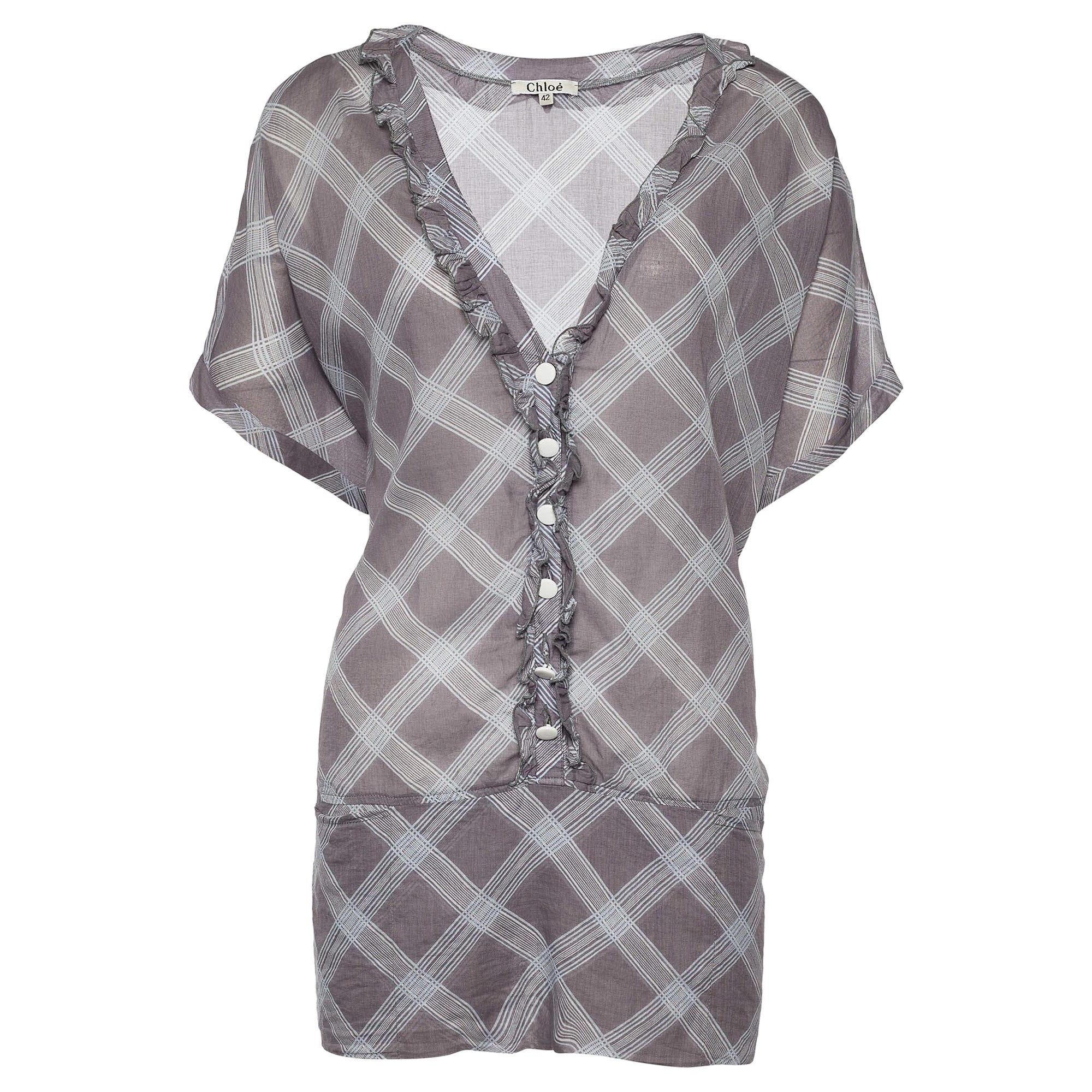 Chloe Grey Check Print Cotton Ruffle Detail Oversized Blouse L For Sale ...