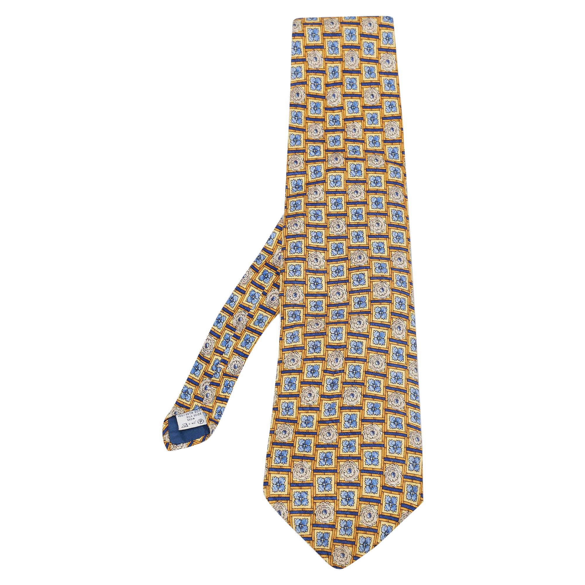 Givenchy Vintage Yellow and Blue Floral Motif Silk Tie For Sale at 1stDibs