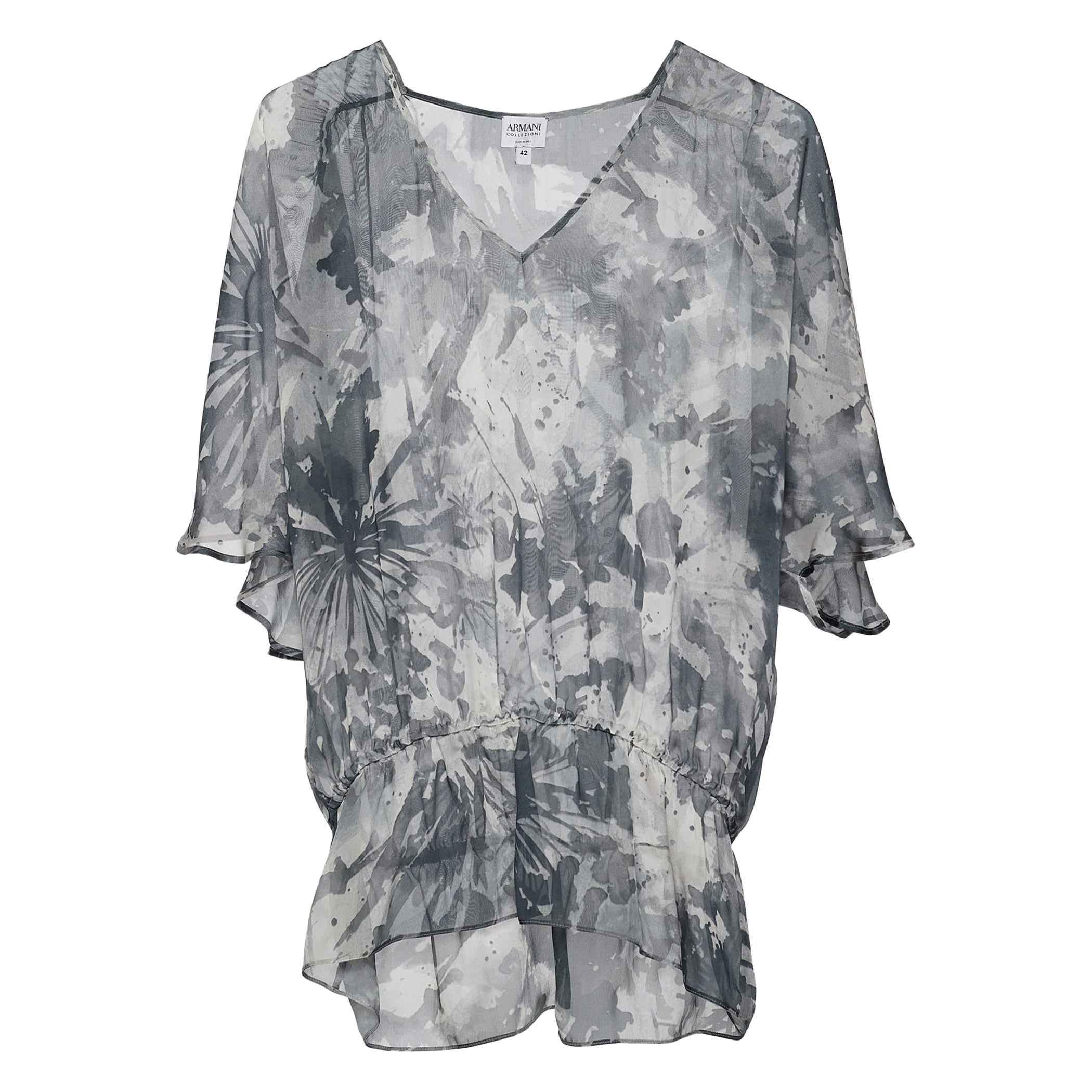 Armani Collezioni Grey Abstract Print Silk Sheer Blouse M For Sale at ...