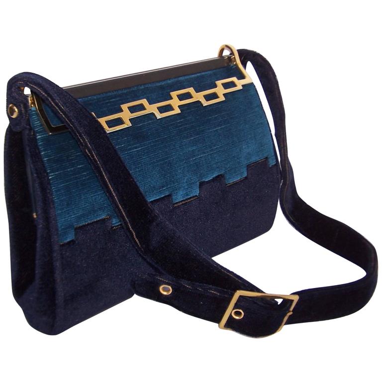 Italian C.1970 Giotti Geometric Blue Velvet Handbag at 1stDibs