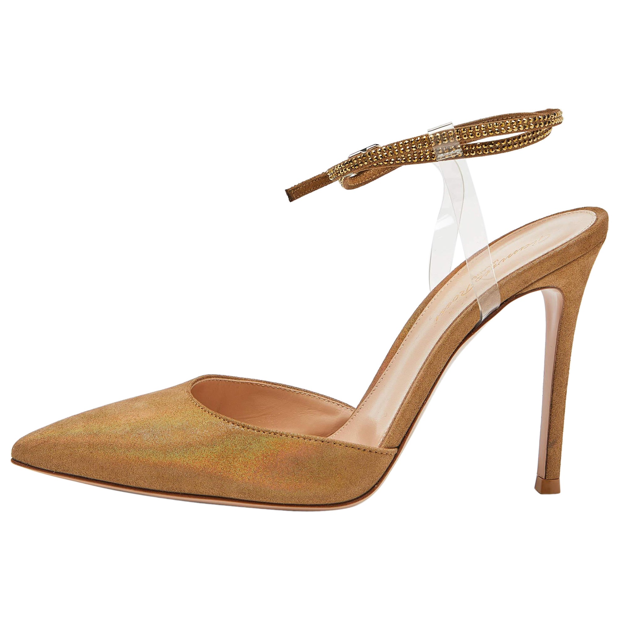 Gianvito Rossi Brown Suede and PVC Pointed Toe Ankle Strap Pumps Size ...