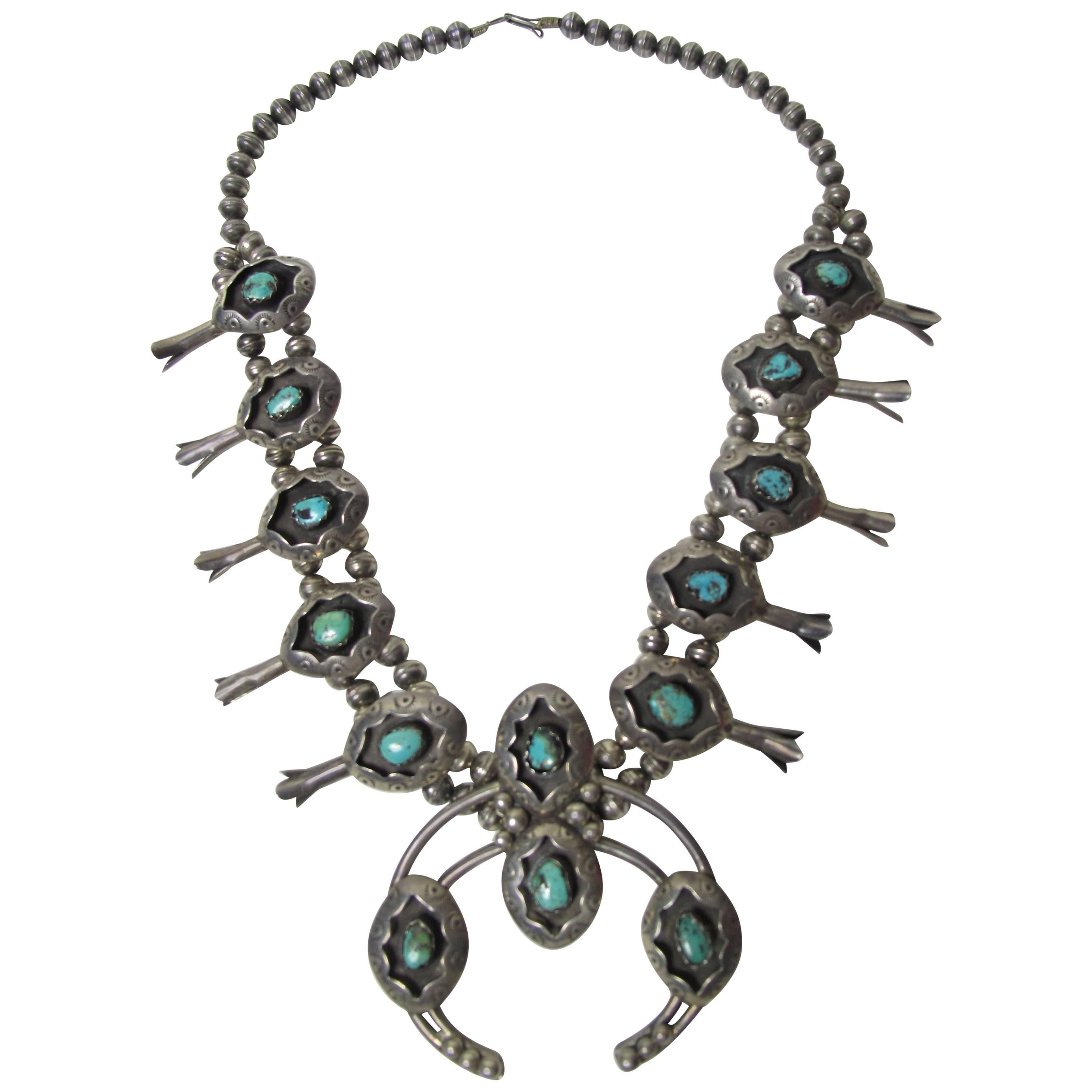 Bobby Thompson Turquoise Navajo Shadowbox Squash Blossom Necklace- sale ...