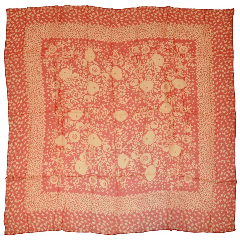 Large Red and Cream Silk Chiffon Floral Scarf at 1stDibs