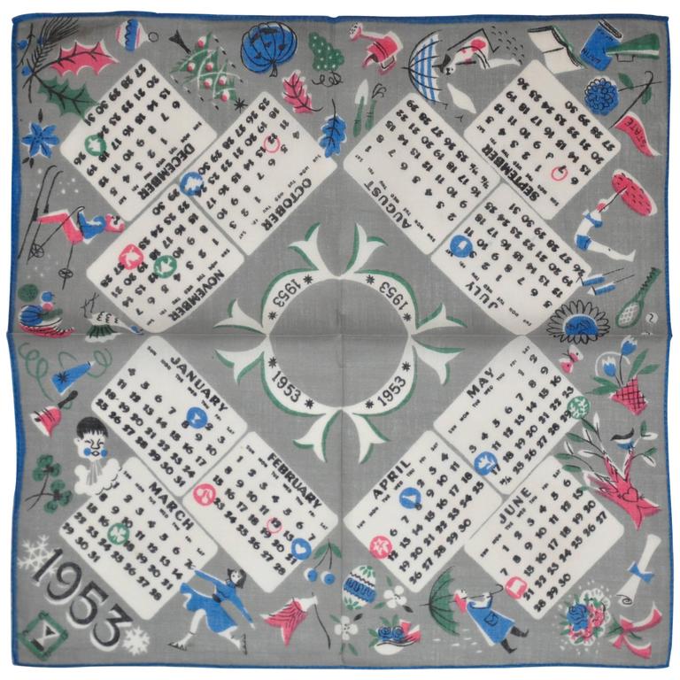 "1953" Calendar Cotton Handkerchief For Sale at 1stDibs