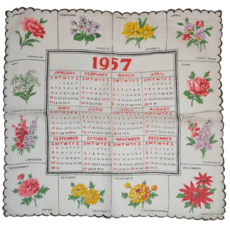 "1957" Calendar Cotton Handkerchief at 1stDibs