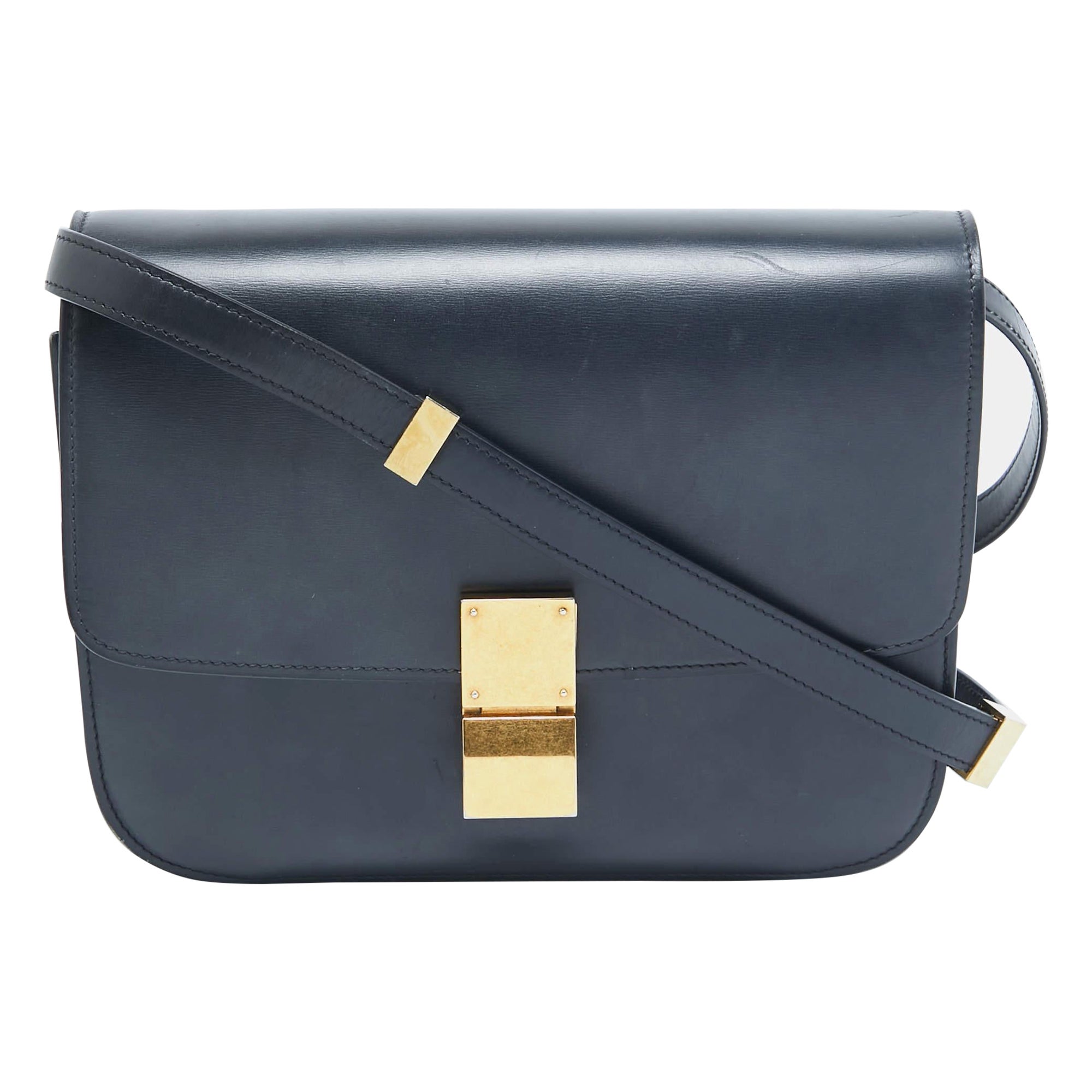 Celine Navy Blue Leather Medium Classic Box Shoulder Bag For Sale at ...