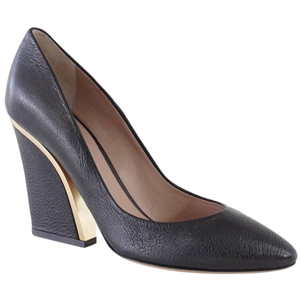 CHLOE Shoe Bold Block Heel Gold Detail Black Leather 39 / 9 new at 1stDibs