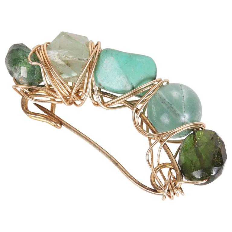 Kazuko 14k Gold Wire Wrapped Safety Pin Brooch w/Semi-Precious Stone ...