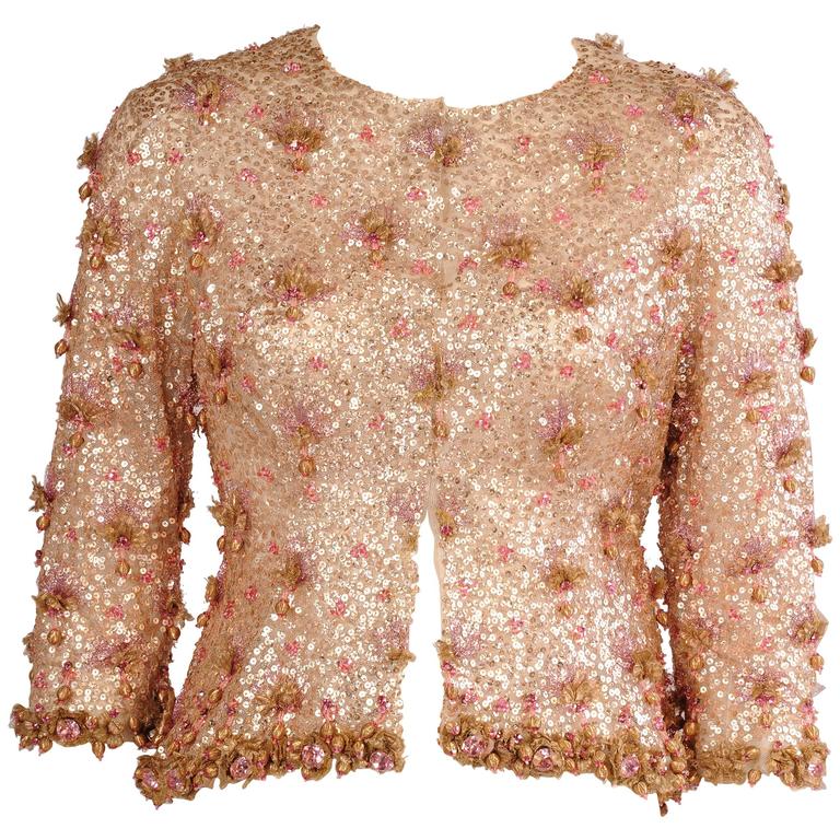 1950's Couture Level Pink and Gold Beaded and Embroidered Tulle Evening ...