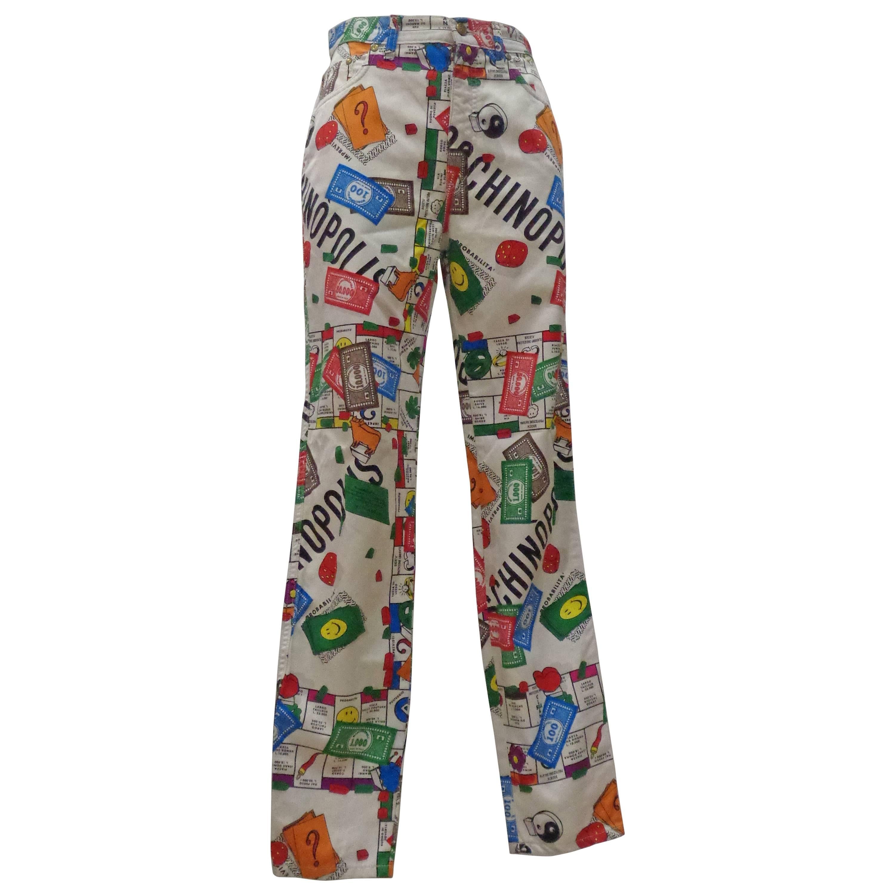 Rare Moschino Iconic Collection "Moschinopoly" Print trousers at 1stDibs