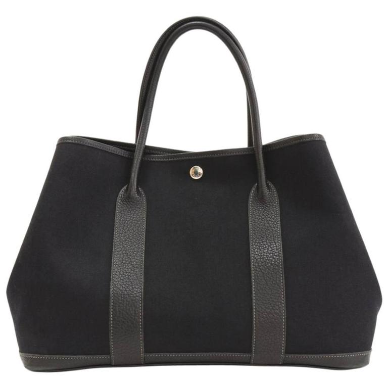 Vintage Hermes Garden Party PM Black Leather Canvas Hand Bag at 1stDibs