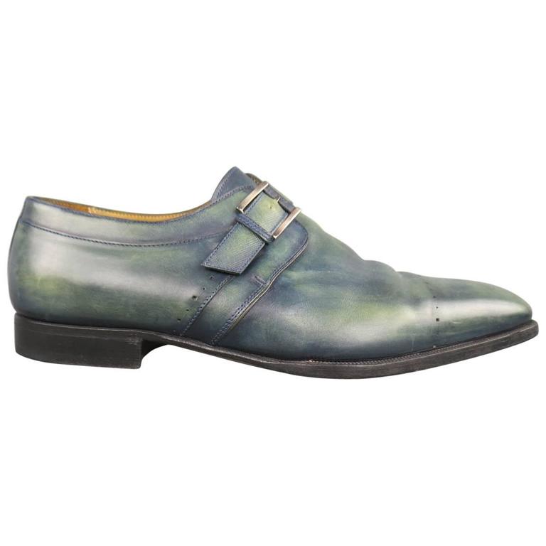Men's STEFANOBI Size 11.5 Teal Grean Blue Dyed Monk Strap Loafers at ...