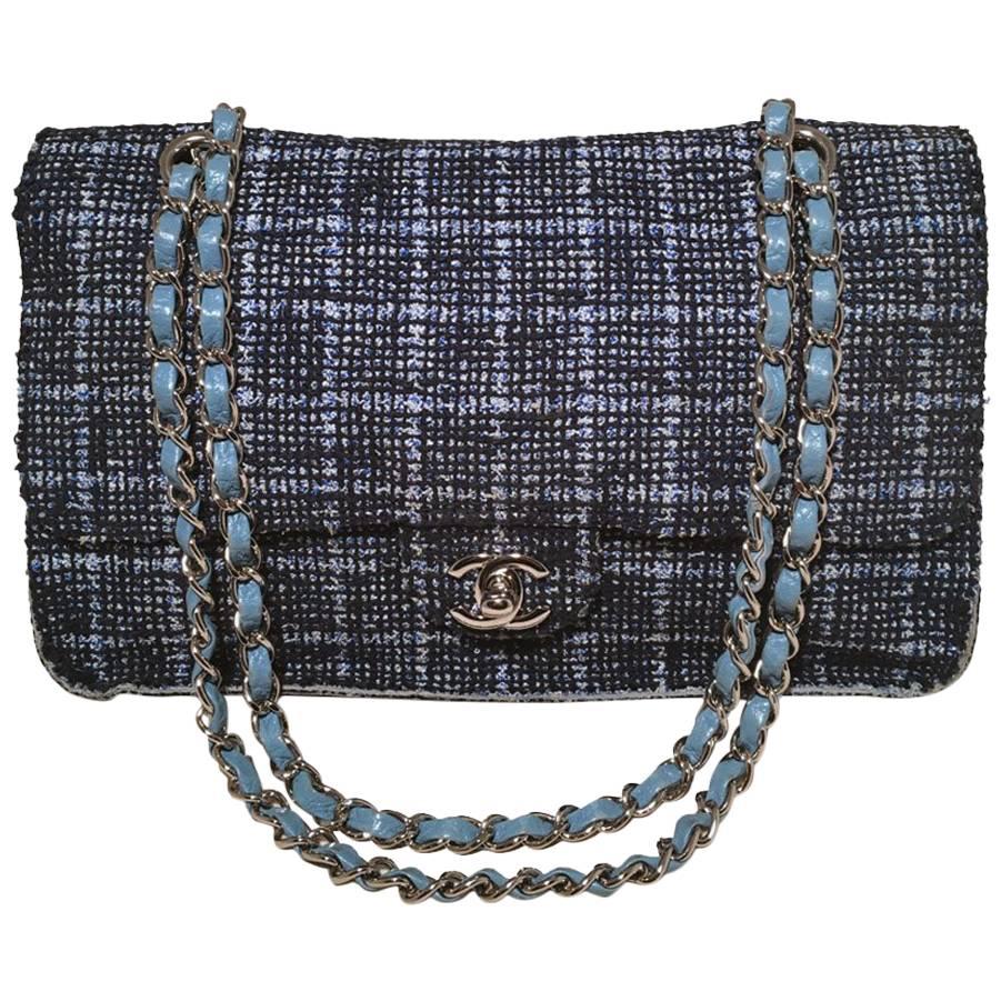 Chanel Blue Leather and Tweed Classic Flap Shoulder Bag at 1stDibs