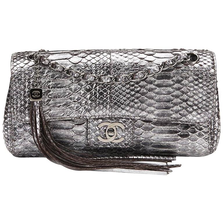2000s Chanel Metallic Silver Python Classic Single Flap Bag at 1stDibs
