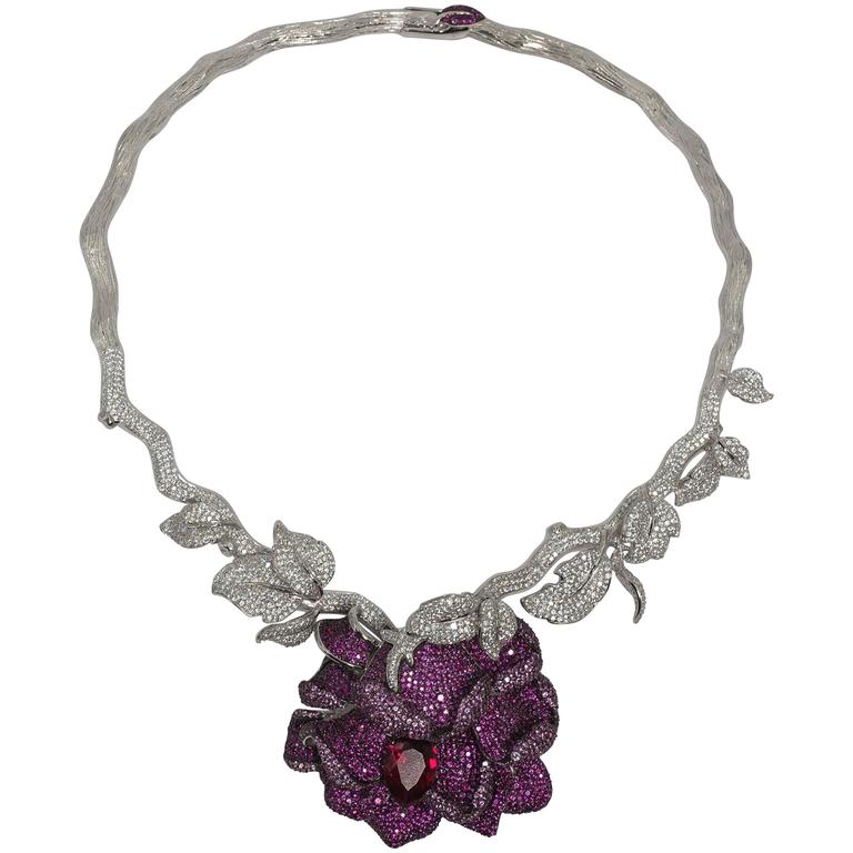 Magnificent Faux Ruby Rose Cubic Zirconia Wrap Collar Sterling Silver ...