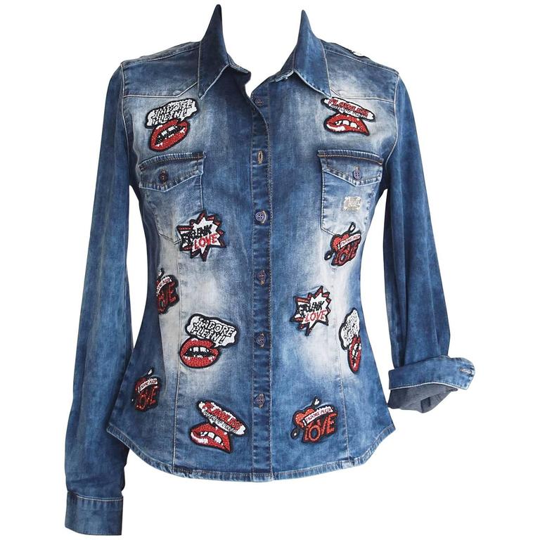 Philipp Plein Top Distressed Denim Shirt Diamante and Beaded Appliques ...