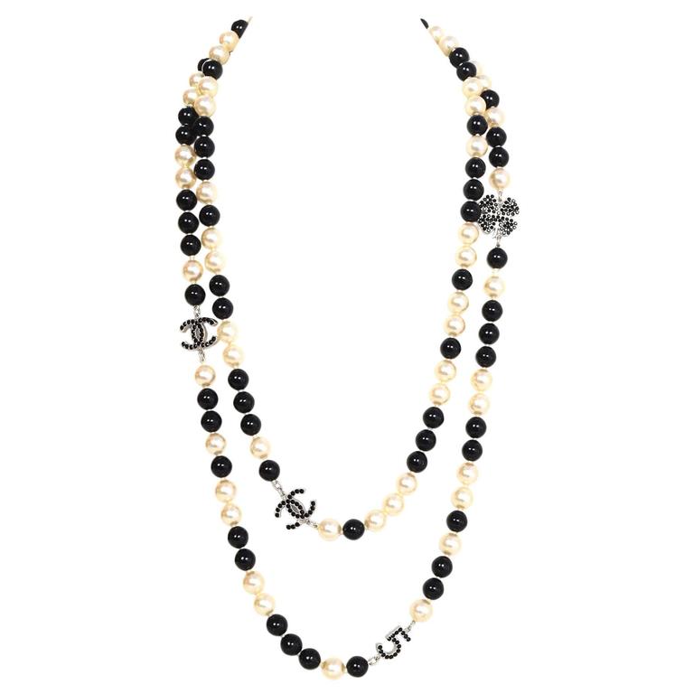 Chanel Pearl and Beaded Long Black Crystal CC/Clover/ No 5 Charm ...