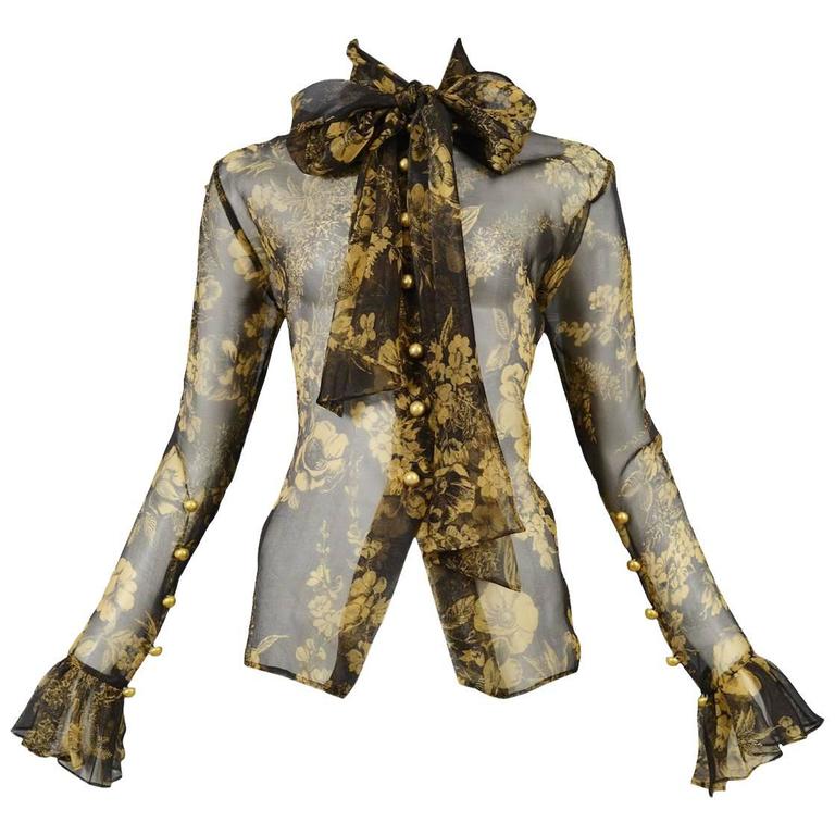 Yves Saint Laurent Gold and Black Sheer Floral Blouse at 1stDibs