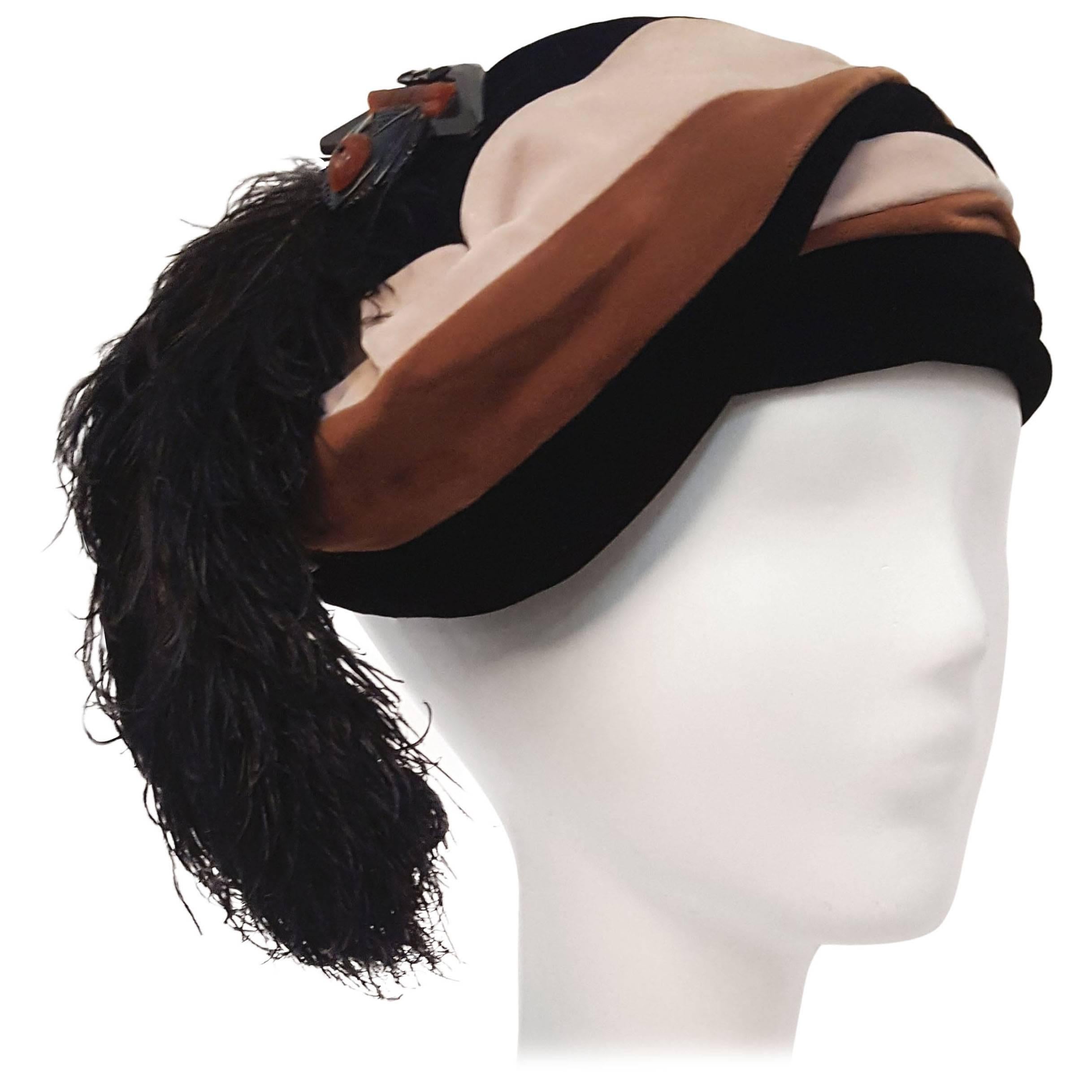 50s Velvet Hat Deco Glass Embellishment with Marabou Feather at 1stDibs