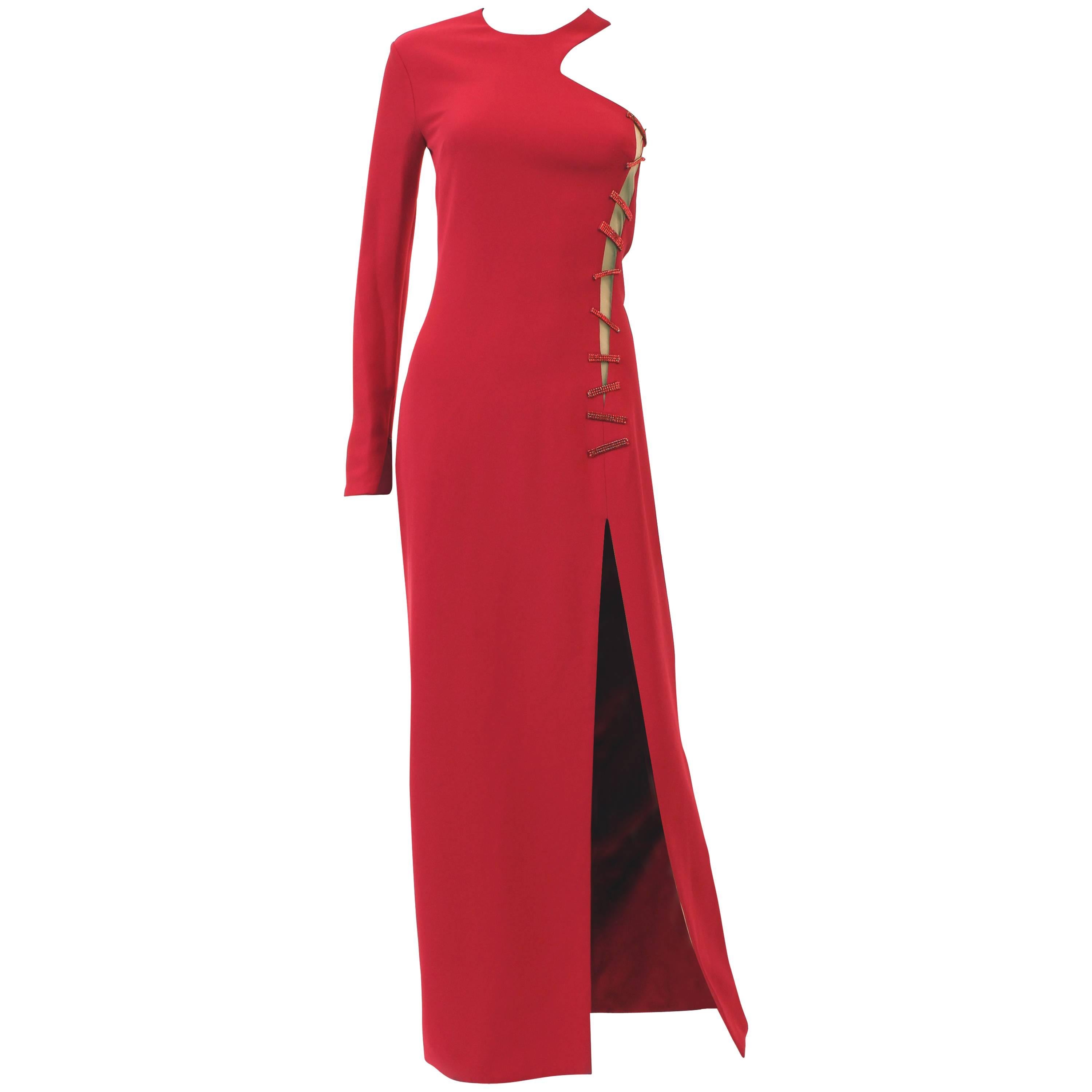 Versace Red Crystal-Embellished Silk-Cady Gown 38 - 2 For Sale at ...