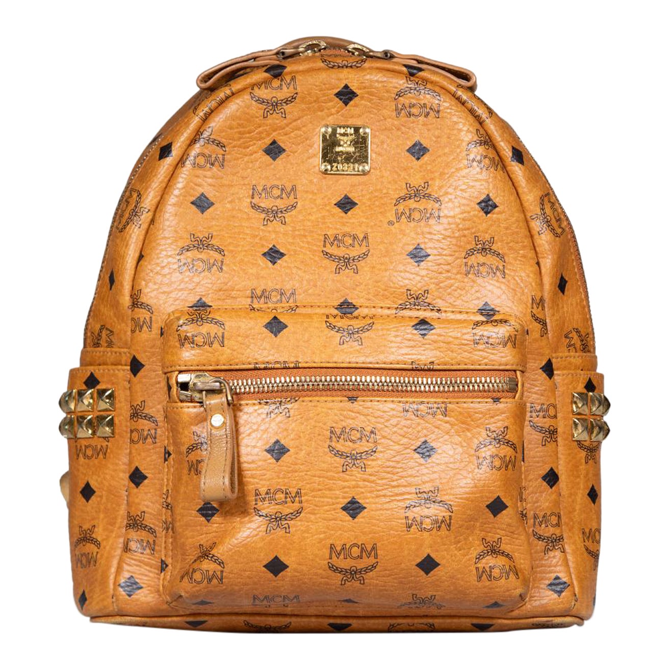 MCM Brown Leather Logo Print Backpack For Sale at 1stDibs