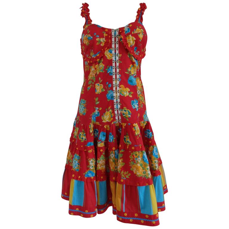 Mary Red Yellow Light Blu Cotton Dress at 1stDibs