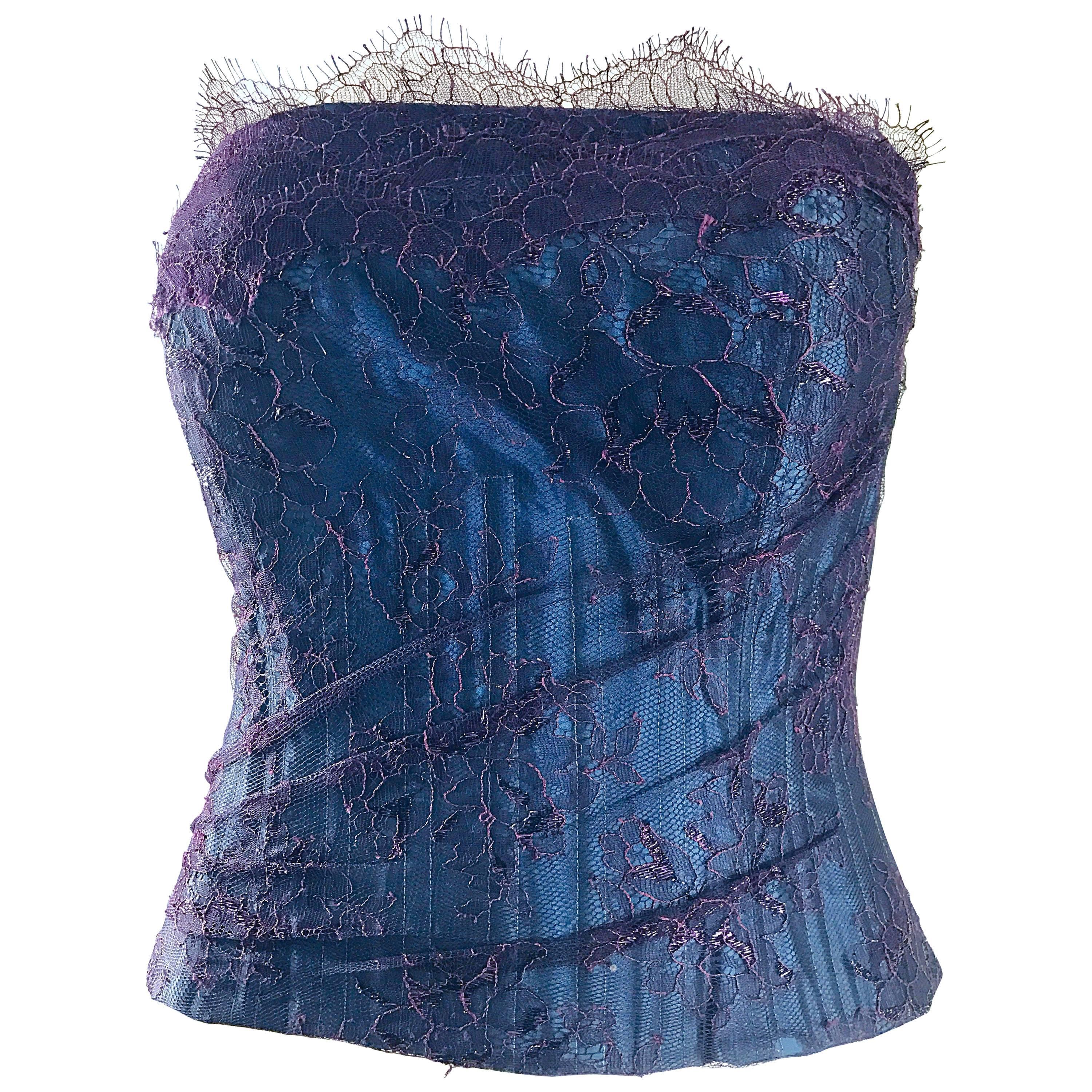 Gorgeous 1950s Purple + Blue Silk Lace Vintage 50s Bustier Corset Top ...